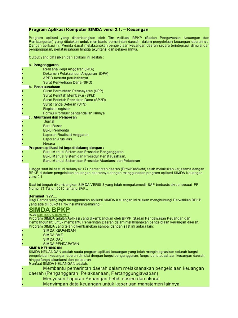 Program Aplikasi Komputer SIMDA Versi 2 | PDF