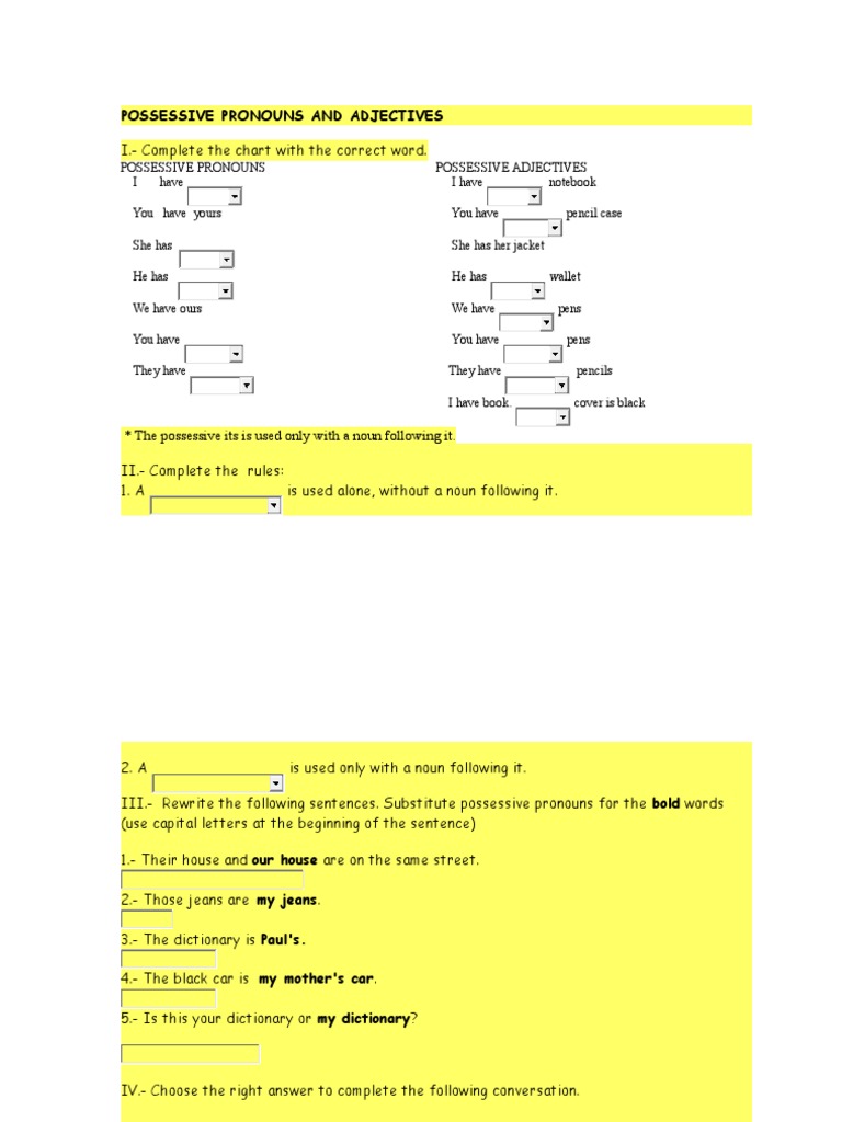 Possessive Pronouns and Adjectives | PDF | Pronoun | Adjective