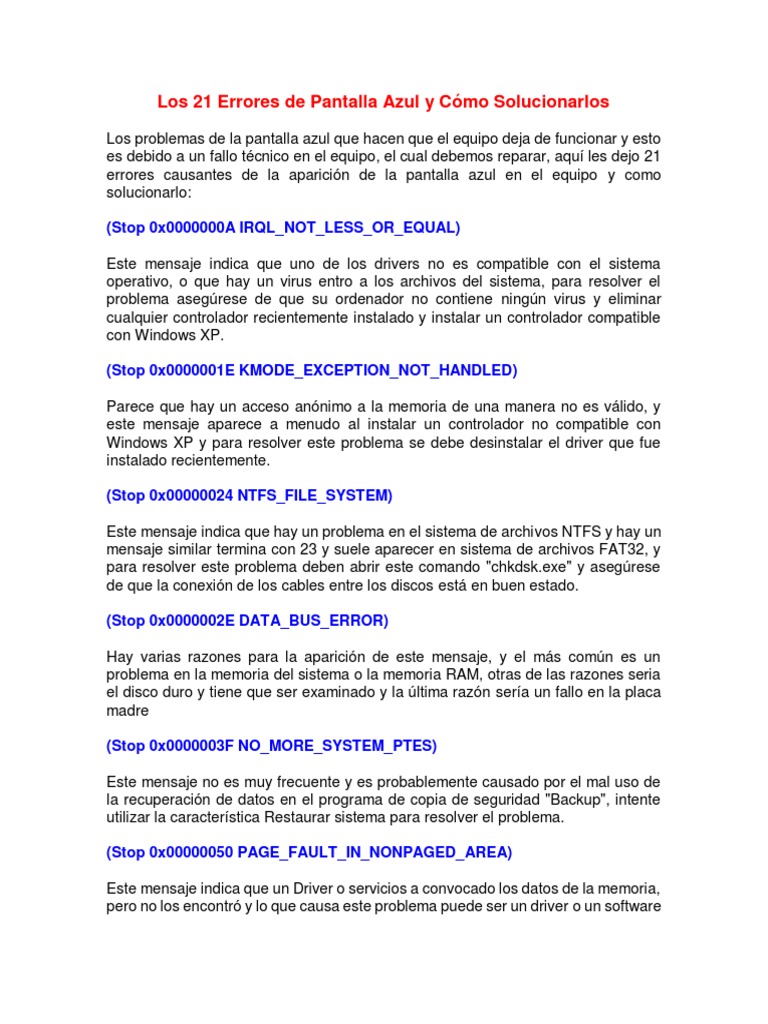 Errores de Pantalla Azul en Windows XP | PDF | Windows XP | Microsoft ...