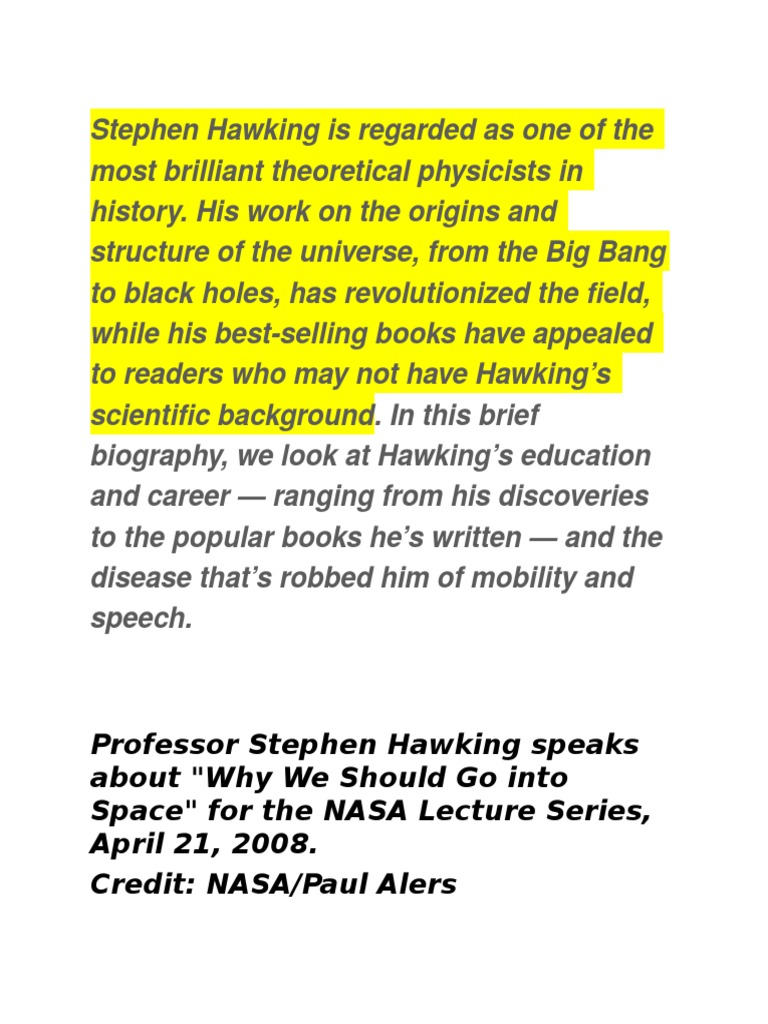 Stephen Hawking Is Regarded As One of The Most Brilliant Theoretical Physicists in History | PDF ...