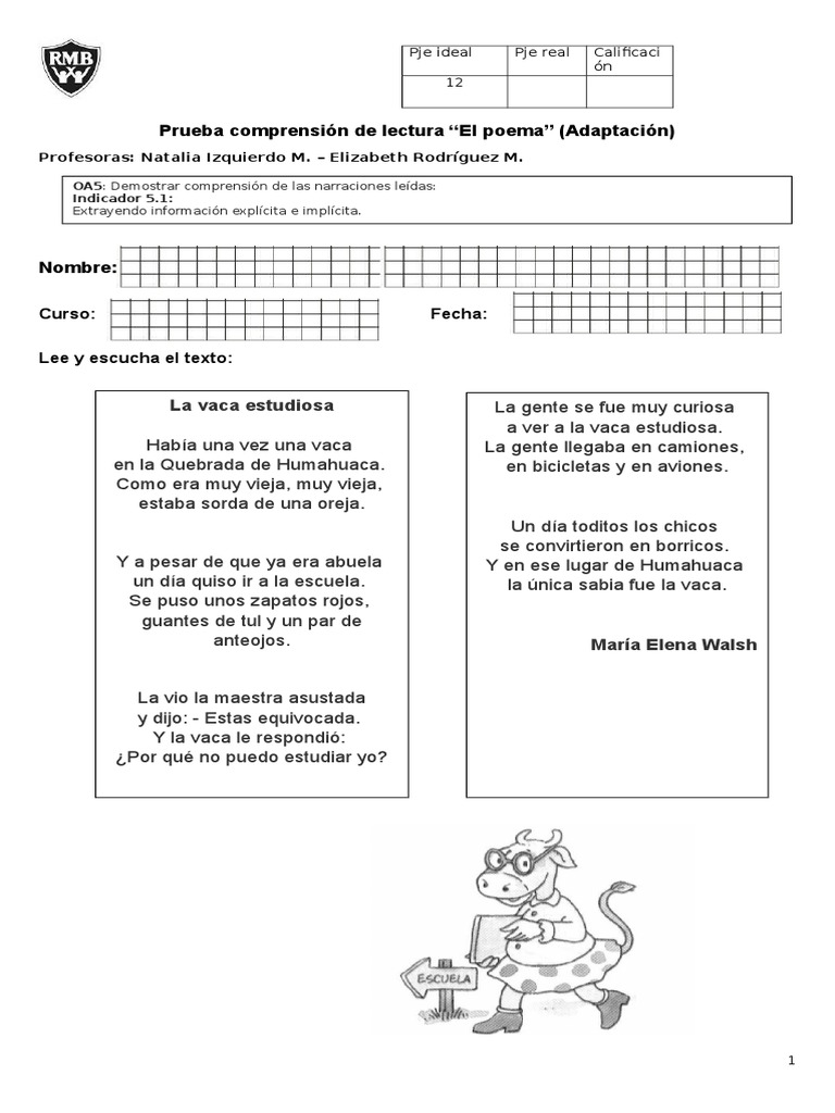 Prueba Comprension Poema La Vaca Estudiosa Con Adaptacion | PDF | Ocio