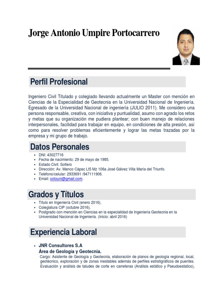 CV Jorge Antonio Umpire Portocarrero | PDF | Ingeniería geotécnica | Ingeniero civil