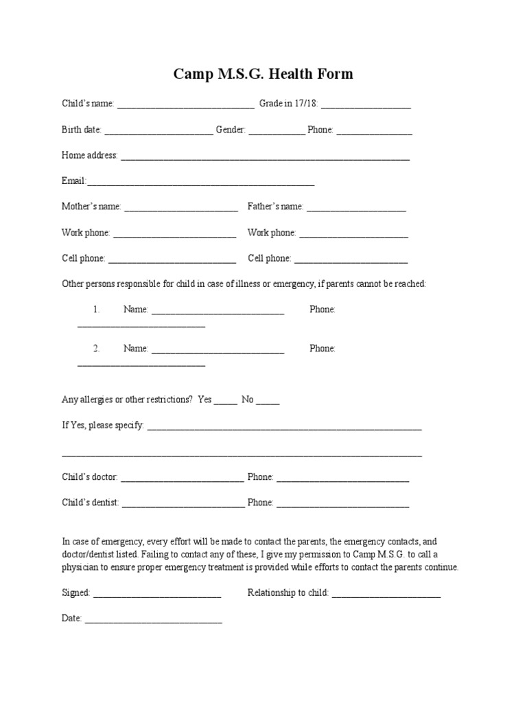Camp M.S.G. Health Form Template | PDF | Self-Improvement | Wellness