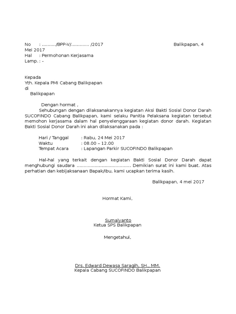 Surat Permohonan Kerjasama PMI | PDF