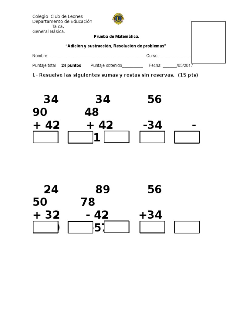Prueba de Matemática Sumas y Restas Sin Reservas Resolución de ...