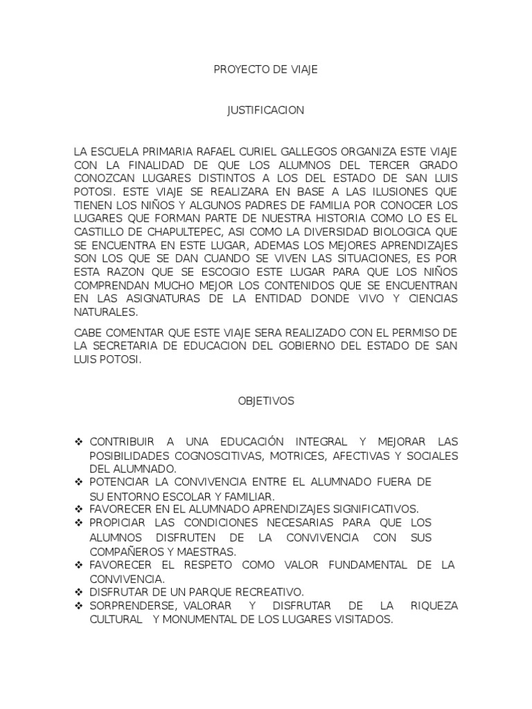 Proyecto de Viaje | PDF | Educación primaria | Conceptos psicologicos