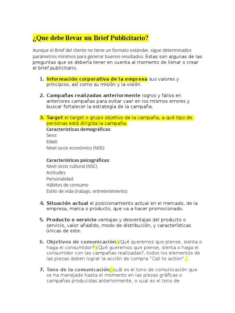 Que Debe Llevar Un Brief Publicitario | Publicidad | Producto (Negocio)