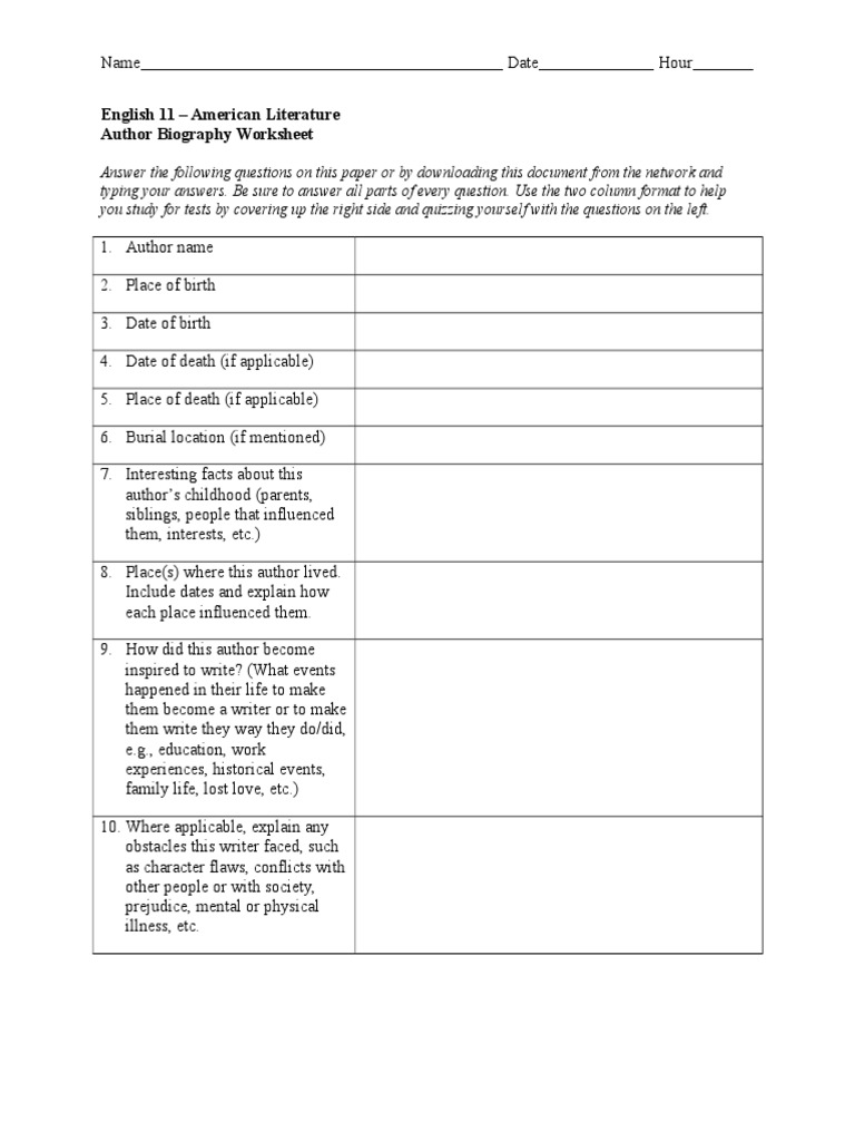 Author Biography Worksheet | PDF | Social Science | Language Arts ...