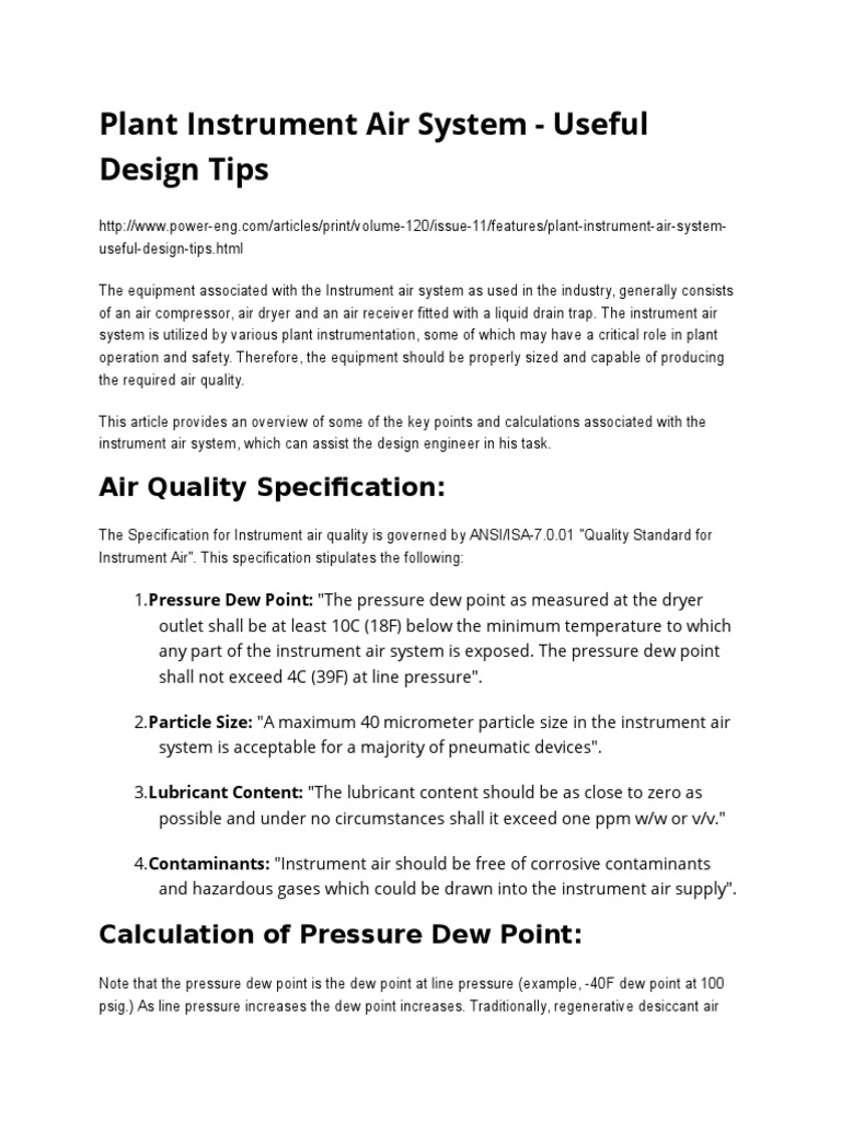 Plant Instrument Air - Design Tips | PDF | Gas Compressor | Thermodynamics