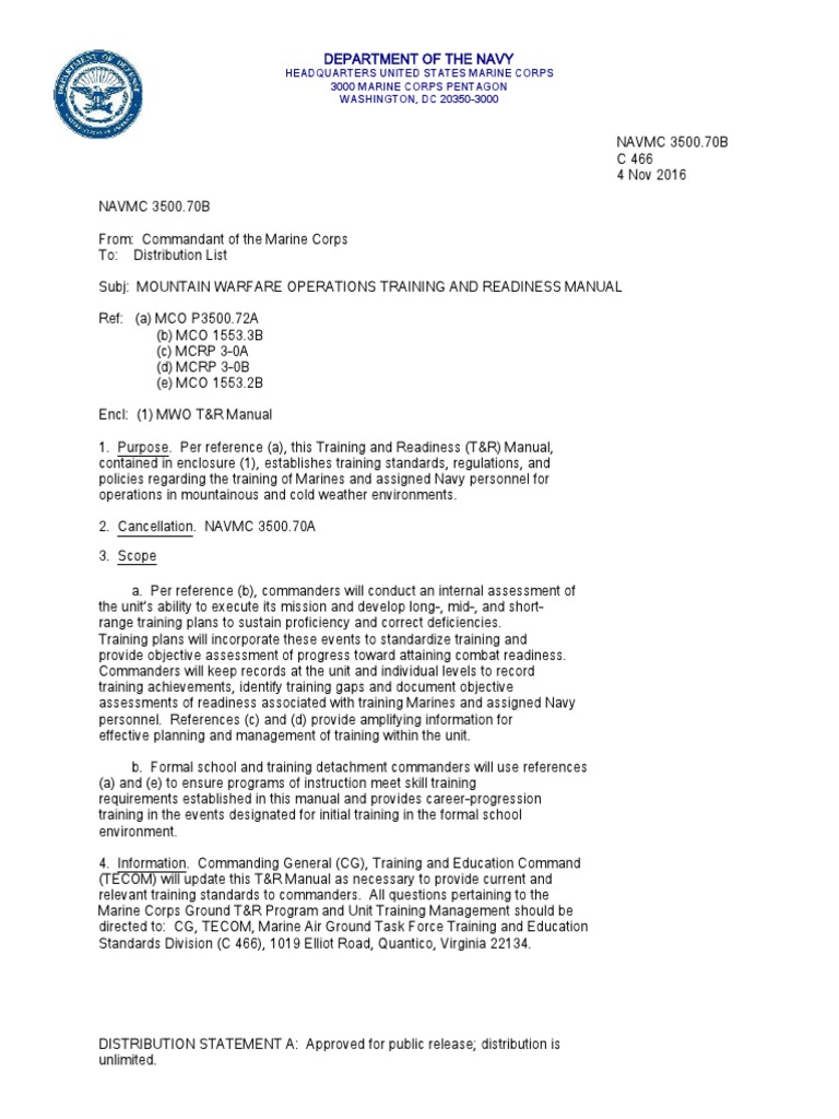 NAVMC 3500.70B Mountain Warfare Operations T-R (Secure) | PDF | United ...