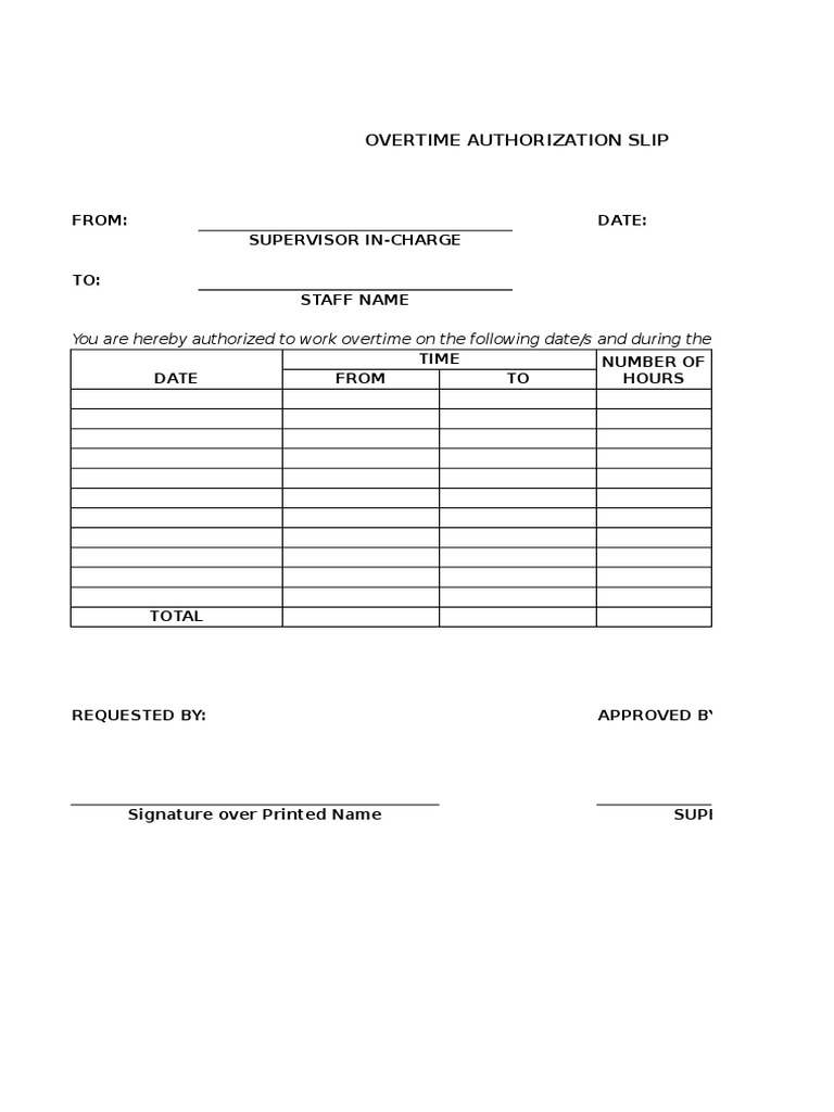 Overtime Authorization Slip Template | PDF