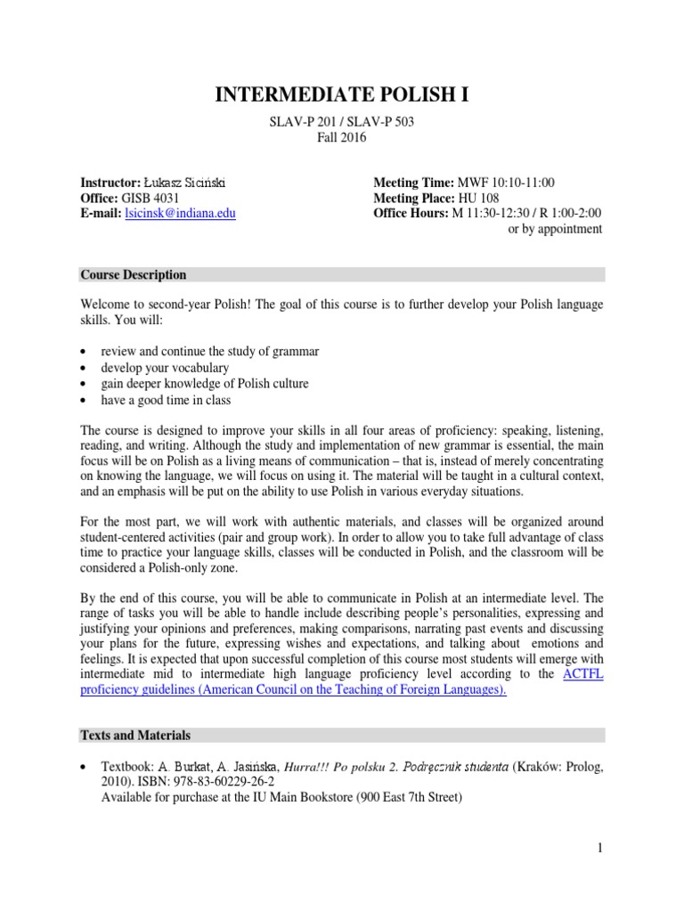 Intermediate Polish I: Instructor: Office: GISB 4031 E-Mail | Download ...