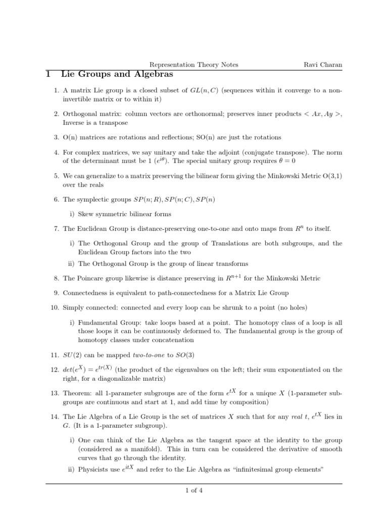 1 Lie Groups and Algebras | PDF | Lie Groups | Differentiable Manifold