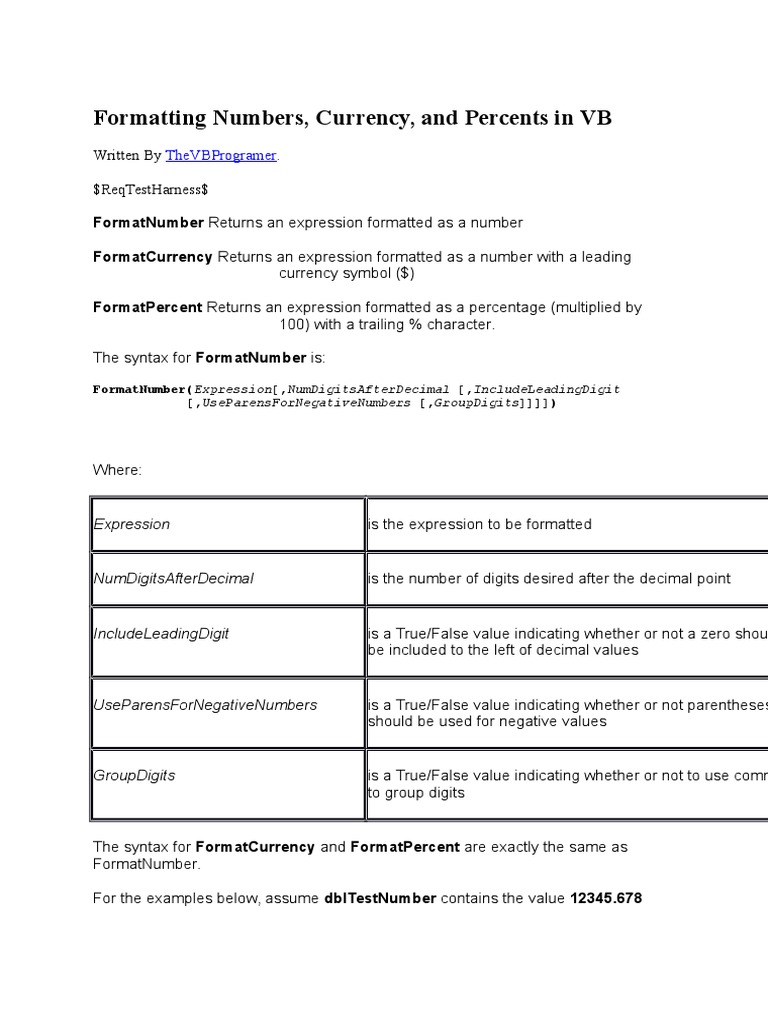 Formatting Numbers, Currency, and Percents in VB: Thevbprogramer | PDF ...