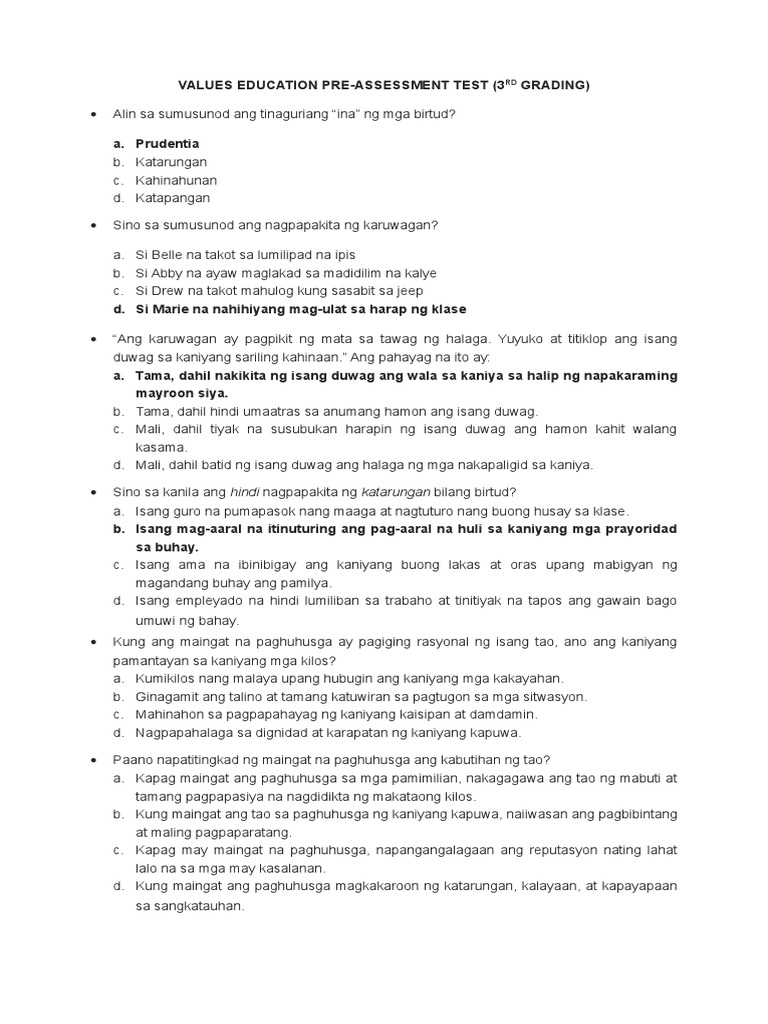 Grade 10 - Values Education 3rd Quarter Pre-Assessments | PDF