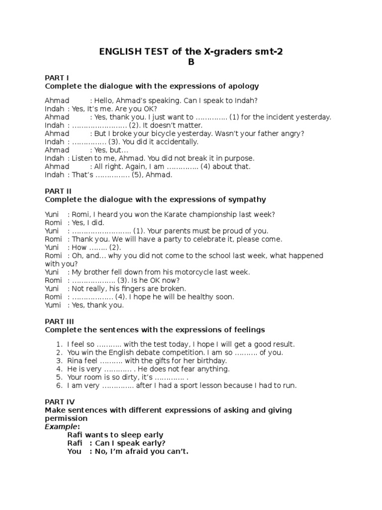 Expressions of Apology, Sympathy, Feelings, and Asking Permission - A ...