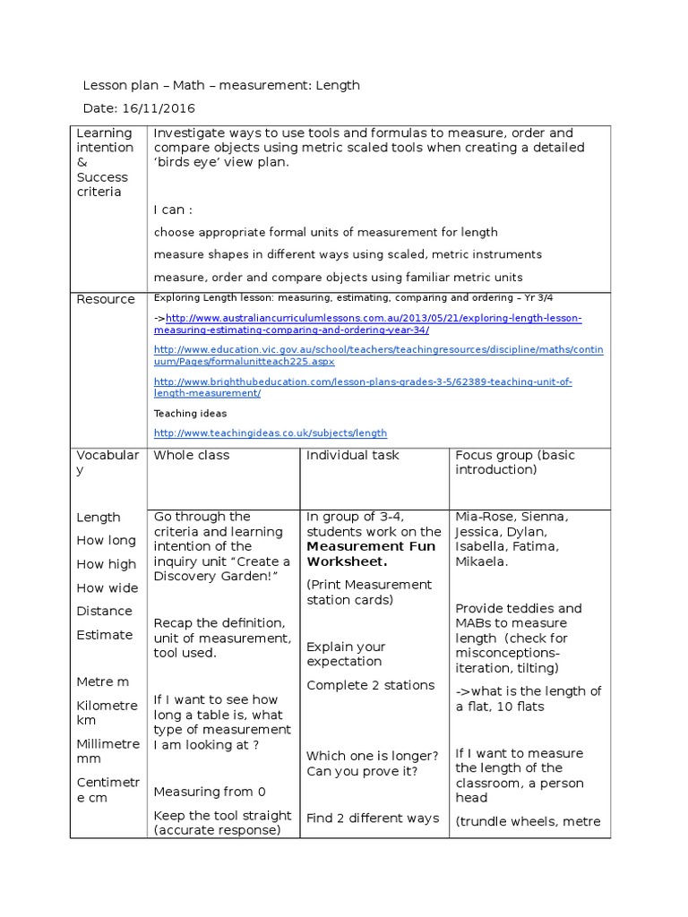Lesson Plans - Measuremnt | PDF | Measurement | Units Of Measurement