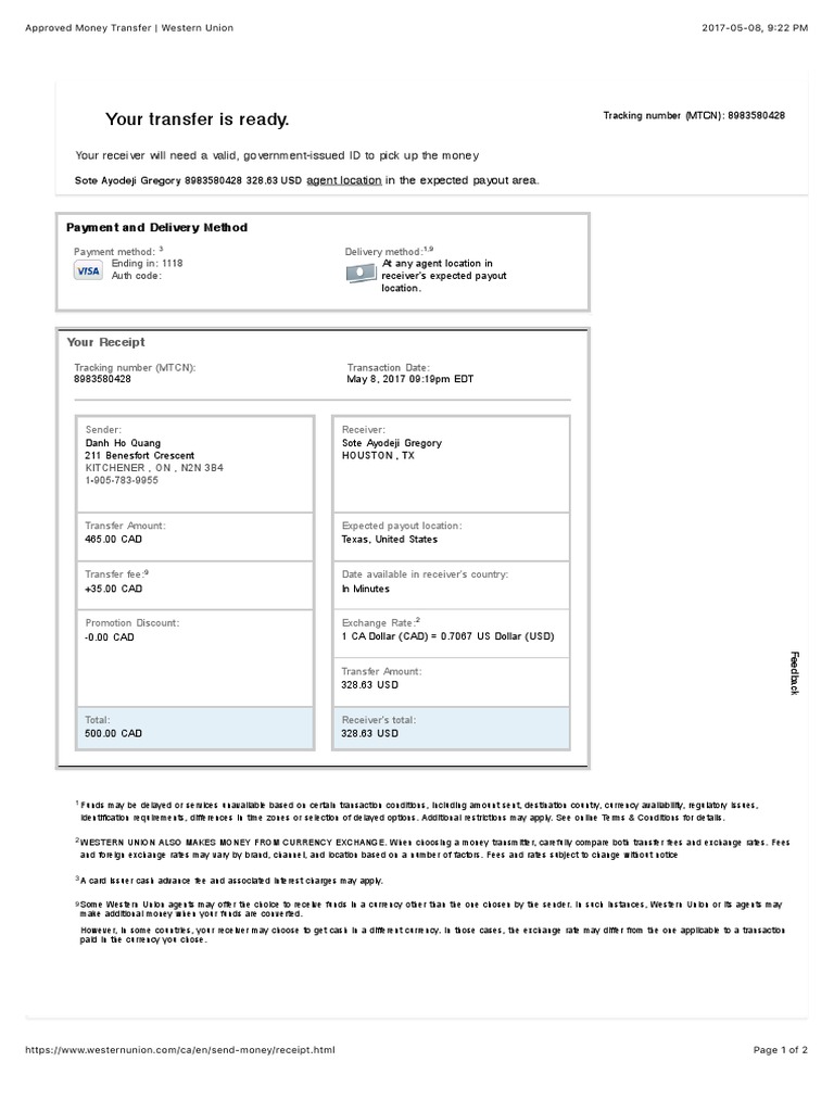 Western Union Receipt Sample