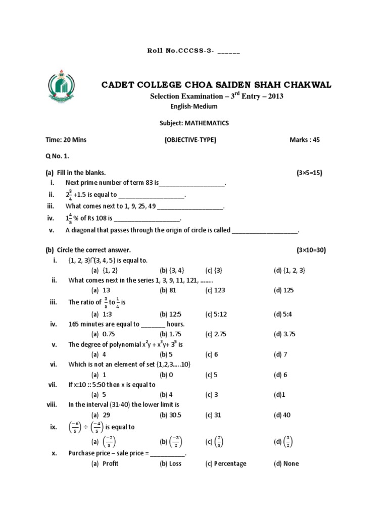 Ro l l N o . C C CS S -3 - _ _ _ _ _ _ Selection Examination Questions ...