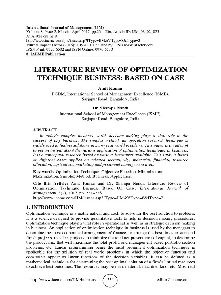 Literature Review of Optimization Technique Business: Based On Case ...