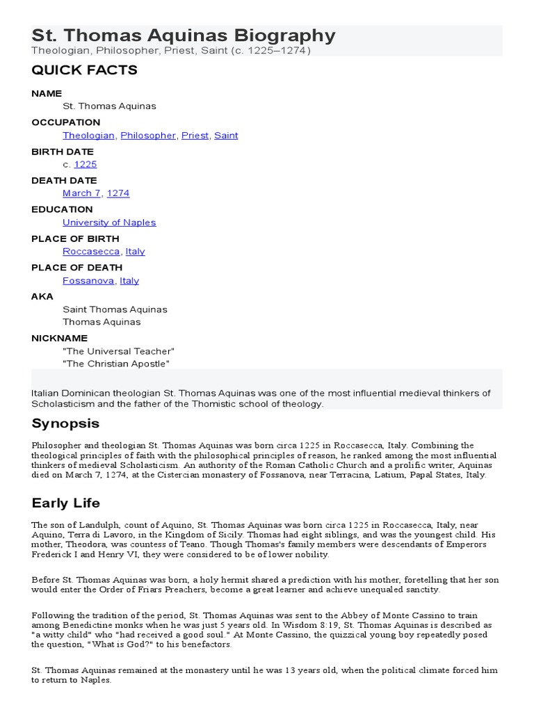 St. Thomas Aquinas: Life and Legacy | PDF | Thomas Aquinas | Religious ...