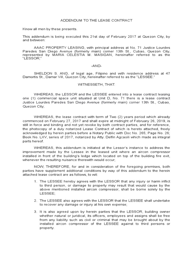 Addendum To The Lease Contract | PDF | Lease | Virtue