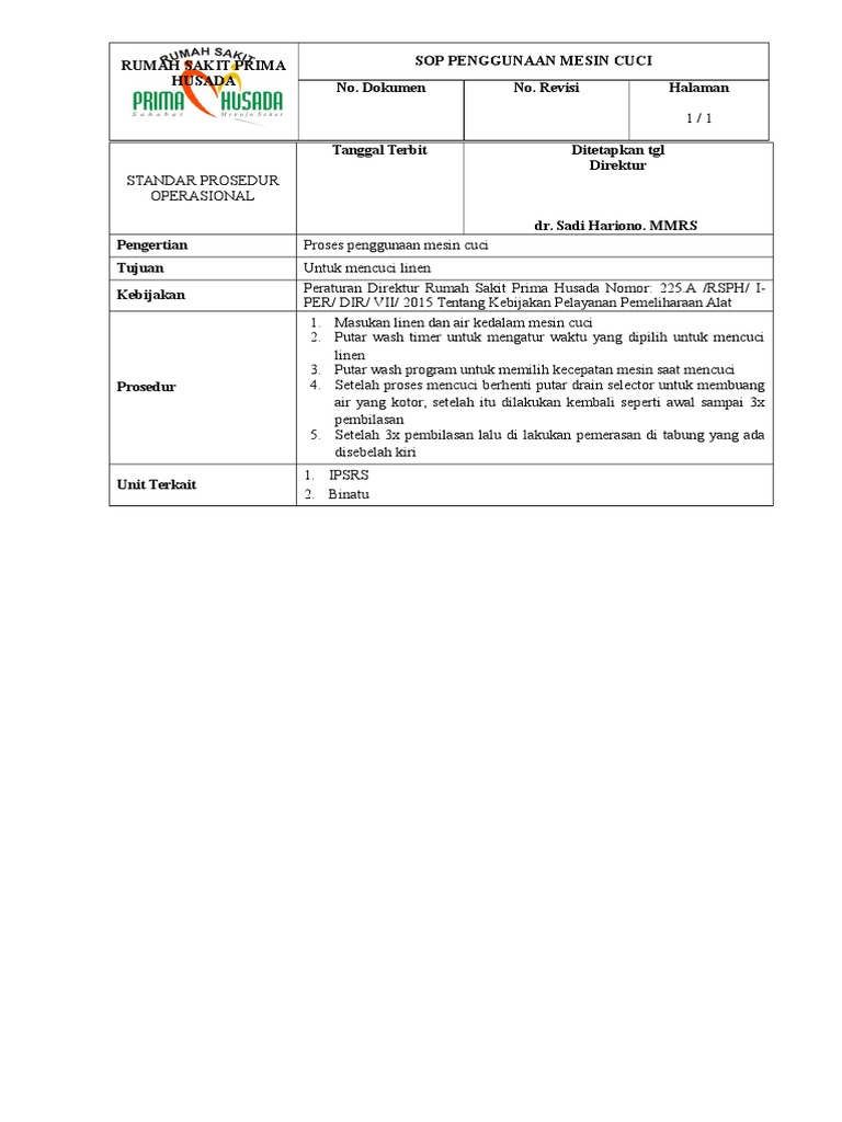 SOP Pemakaian Mesin Cuci | PDF