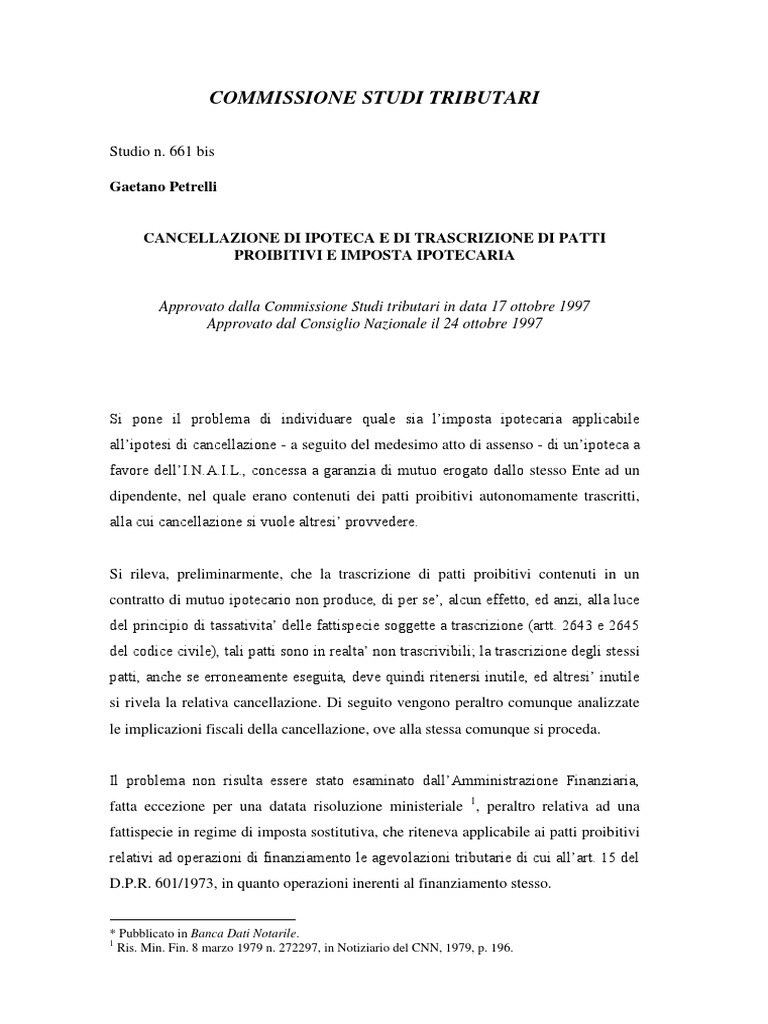 1997 - Cancellazione Di Ipoteca e Di Trascrizione Di Patti Proibitivi e Imposta Ipotecaria | PDF