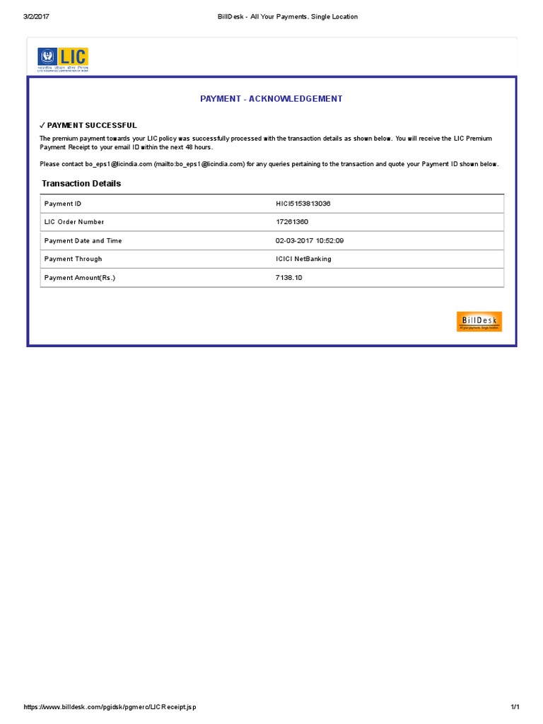 LIC payment receipt single page | PDF