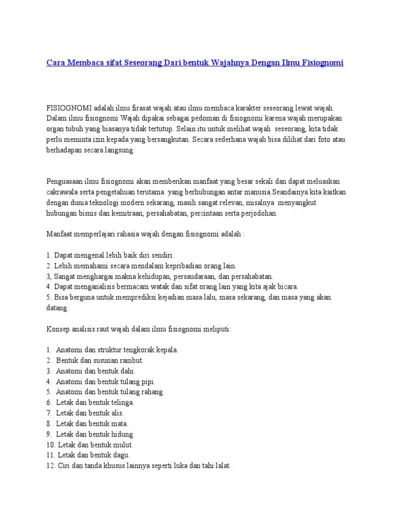 Cara Membaca Sifat Seseorang Dari Bentuk Wajahnya Dengan Ilmu