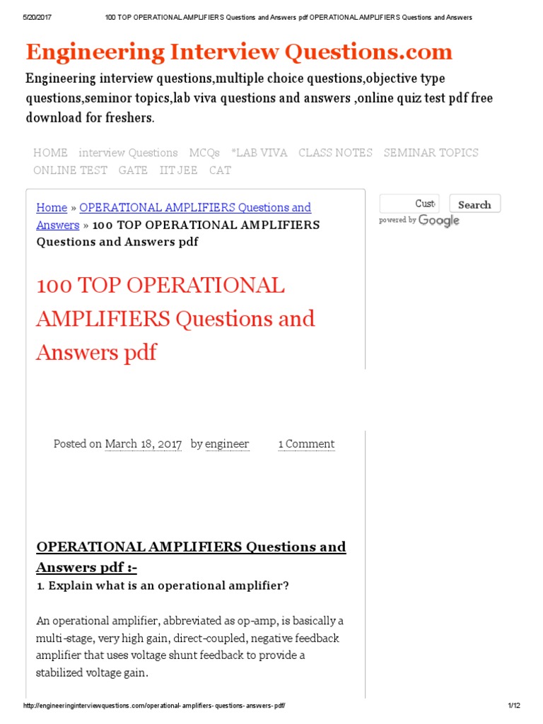 100 Top Operational Amplifiers Questions and Answers PDF Operational Amplifiers Questions and ...