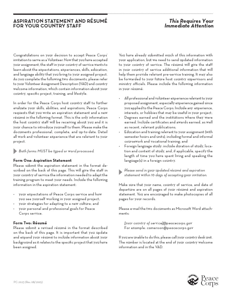 Peace Corps Aspiration Statement and Resume For Your IN COUNTRY Staff ...