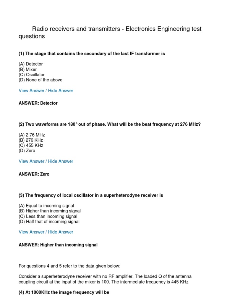 MCQs on Radio and Superheterodyne Systems | PDF | Broadcast Engineering ...