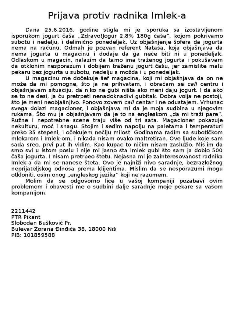 Prijava Protiv Radnika Imlek | PDF