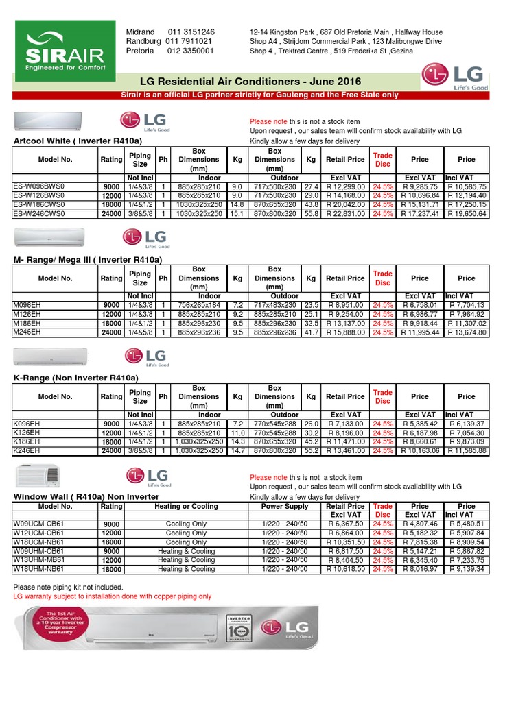 LG Trade Price List June 2016 | PDF | Air Conditioning | Hvac