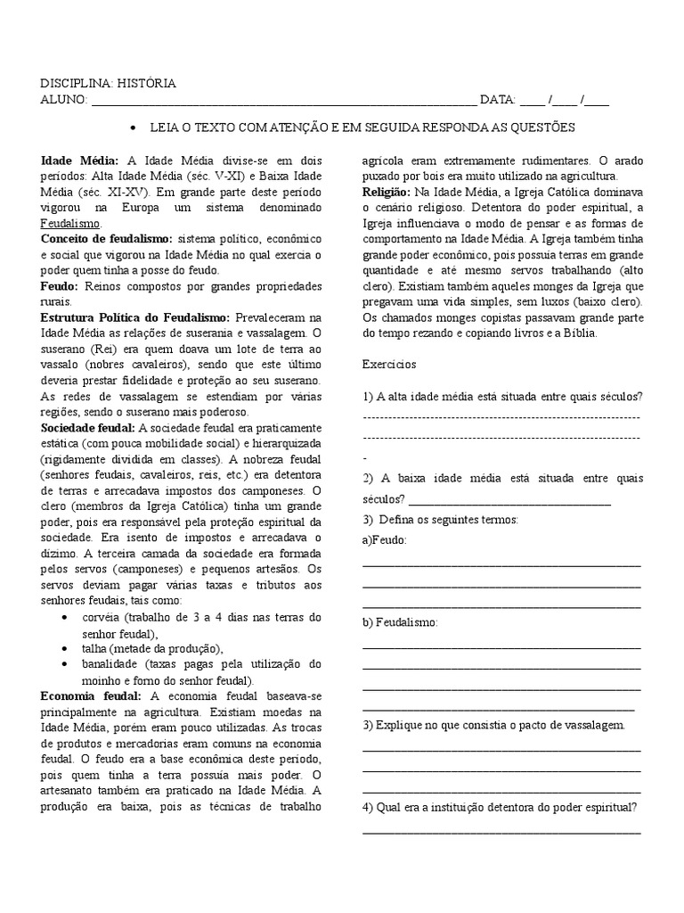 Atividade Feudalismo Eja | PDF | Alta Idade Média | Feudalismo