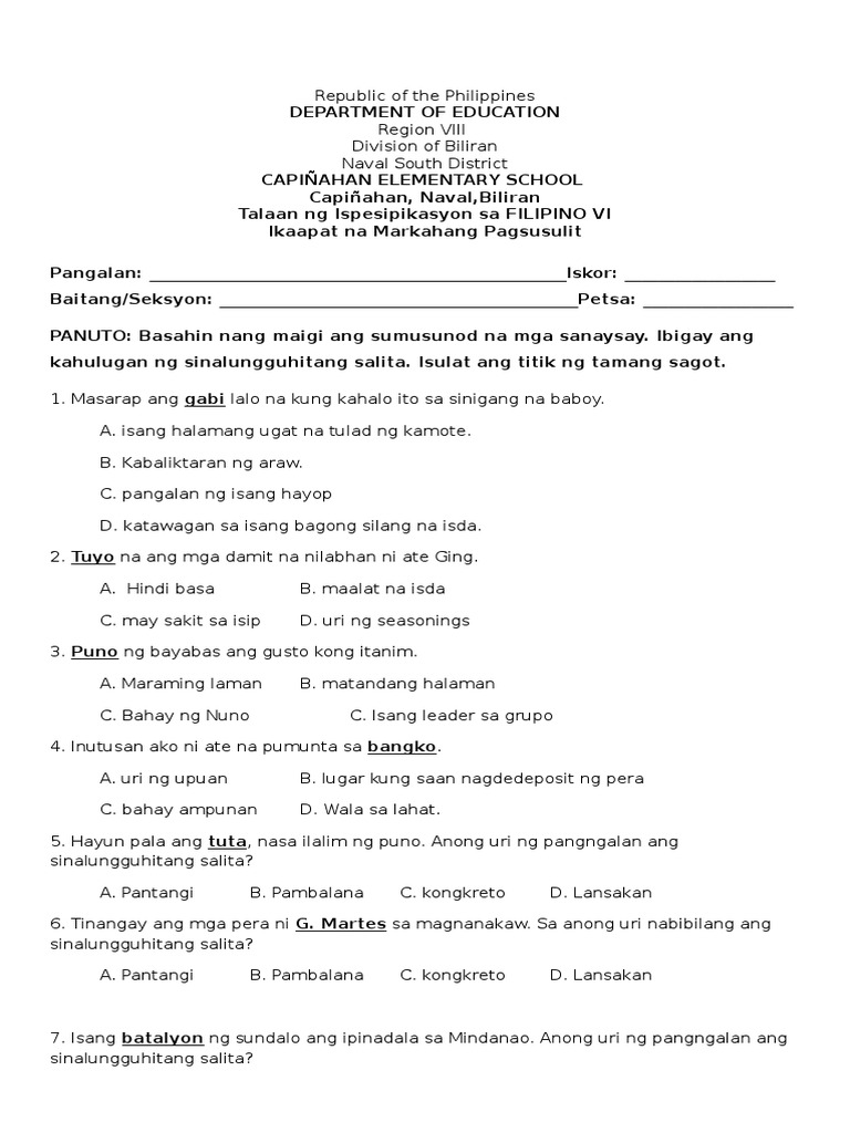 Fourth Periodical Test in Filipino Vi | PDF