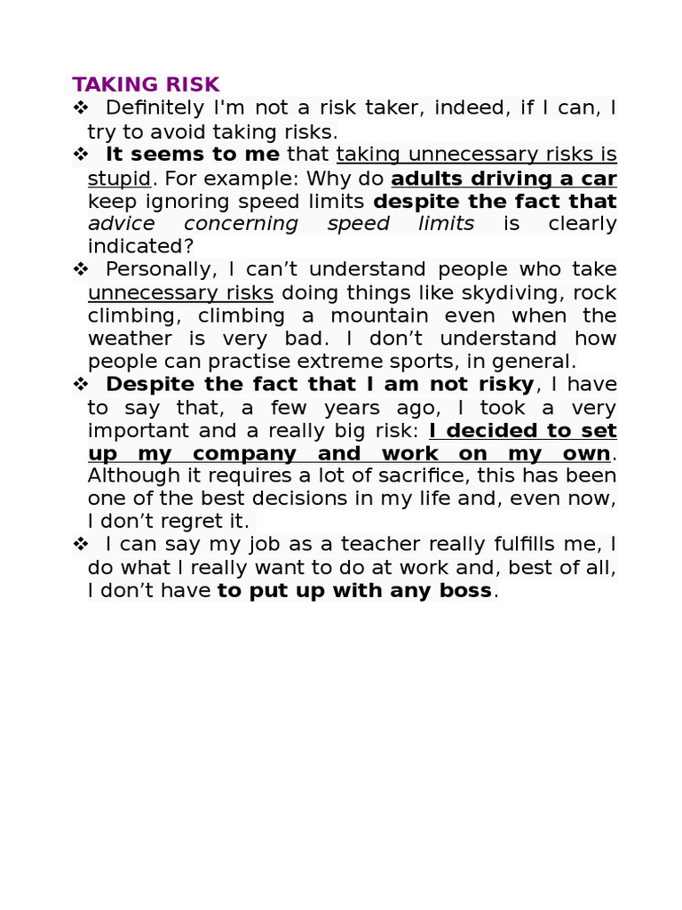 It Seems To Me That Taking Unnecessary Risks Is: Advice Concerning ...