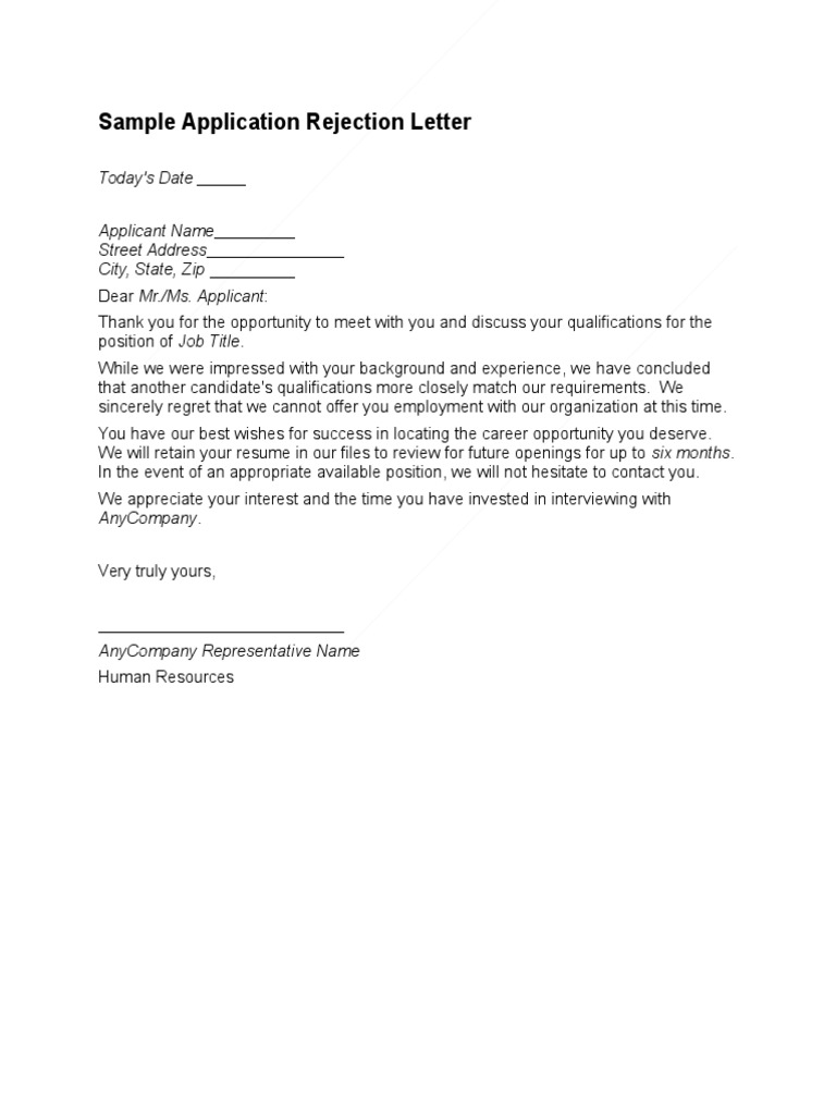 Application Rejection Letter | PDF