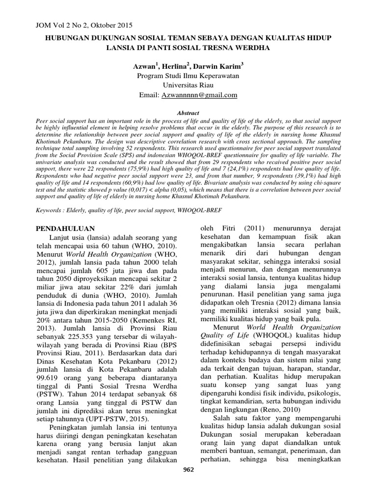 Hubungan Dukungan Sosial Teman Sebaya Dengan Kualitas Hidup Lansia Di Panti Sosial Tresna Werdha ...