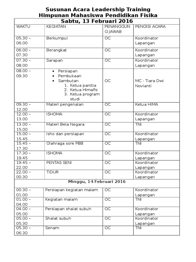 Susunan Acara Leadership Training | PDF