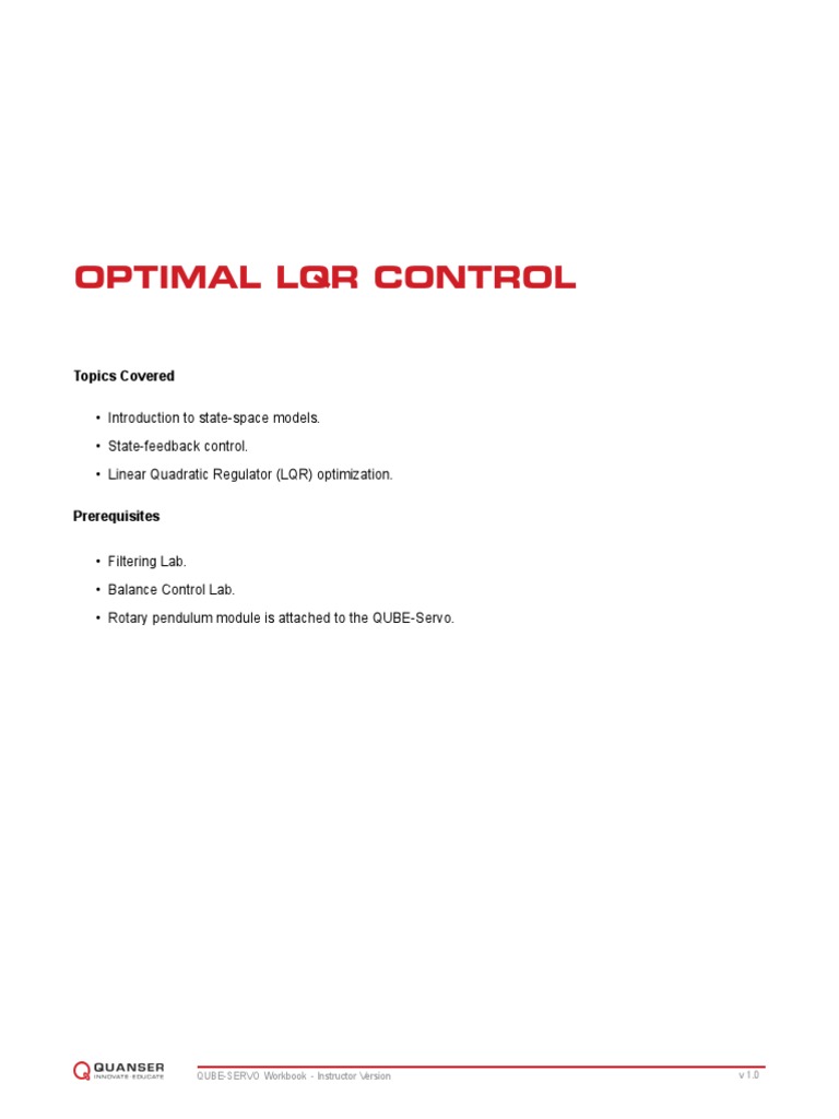 QUBE-Servo LQR Control Workbook (Instructor) | PDF | Linear Algebra | Teaching Mathematics