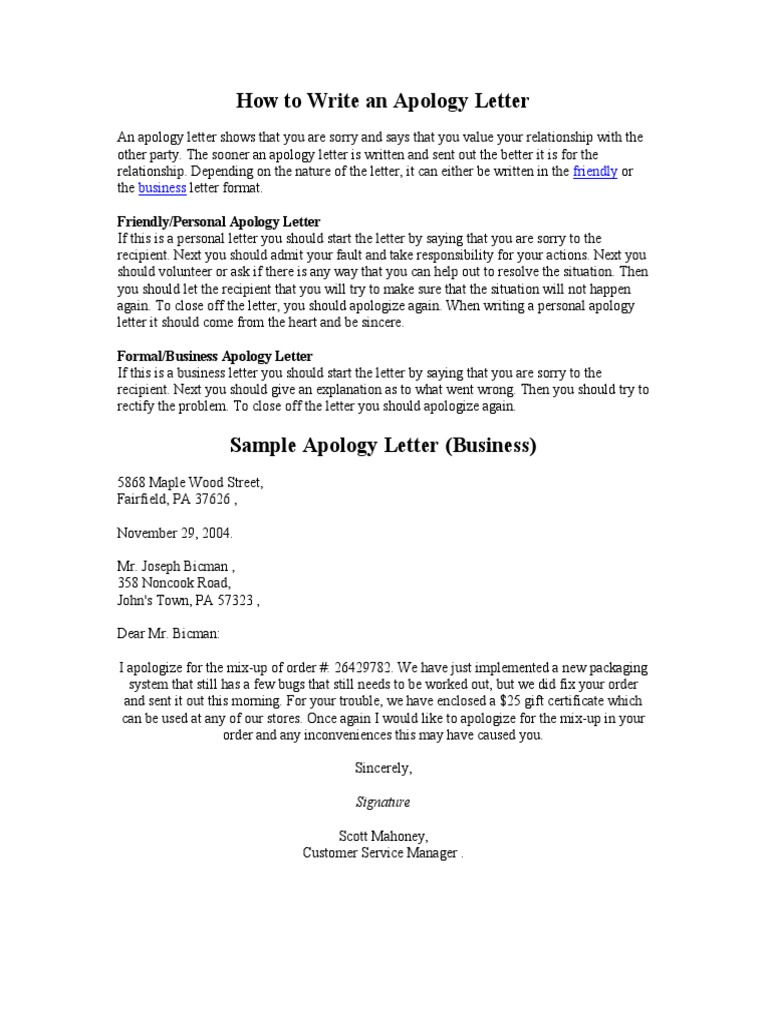 How To Write An Apology Letter: Friendly Business | PDF
