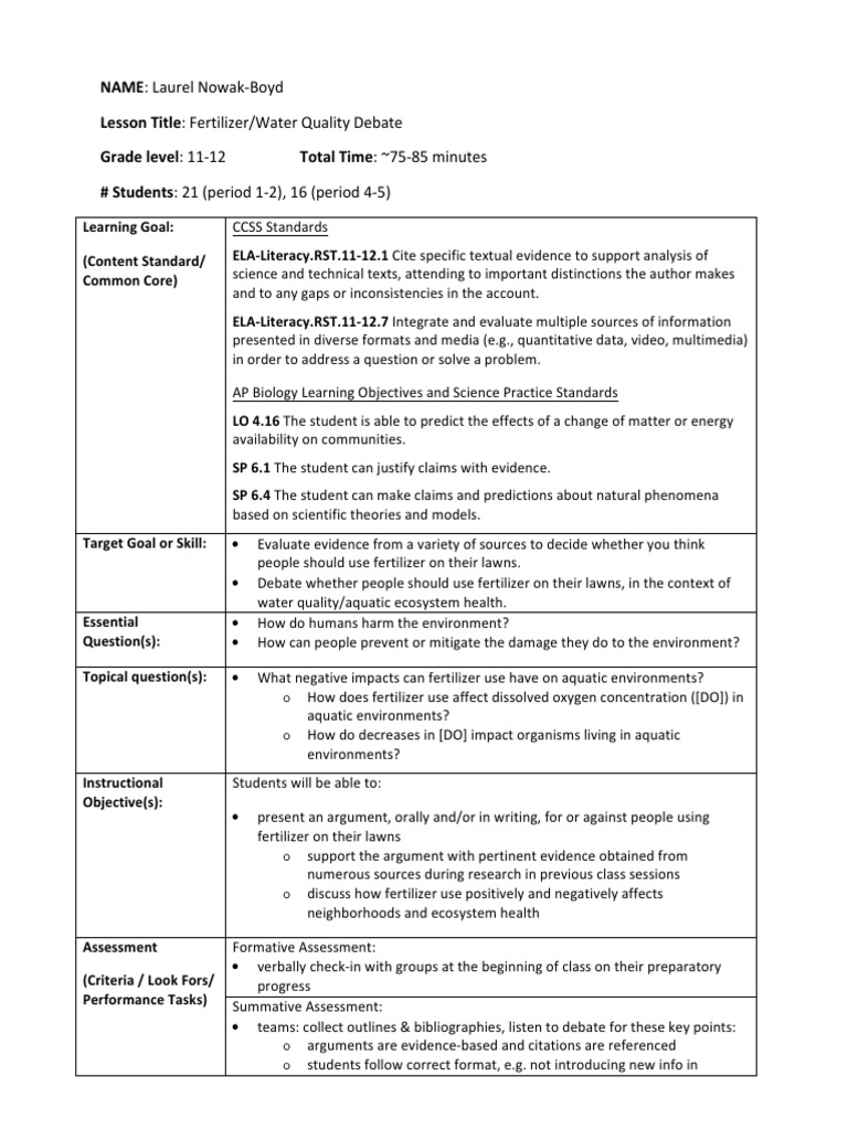 Water Quality Debate Lesson Plan | PDF | Eutrophication | Water Quality