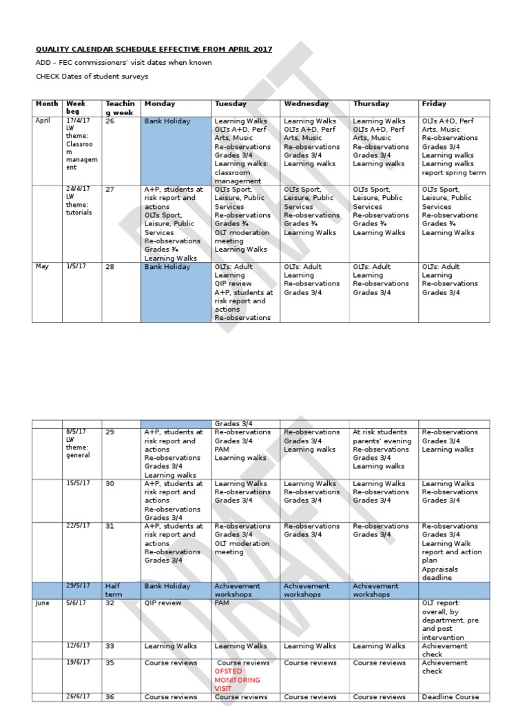 Quality Calendar Schedule Effective From April 2017: Month Week Beg ...