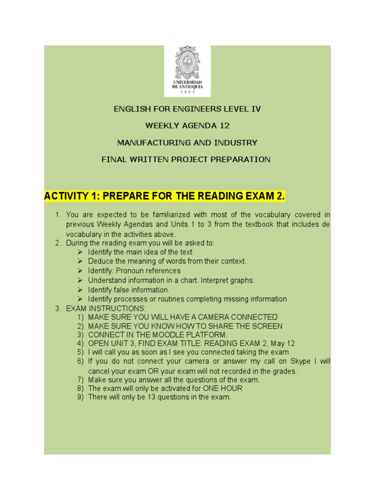 English for Engineers: Week 12 Agenda | PDF | Test (Assessment ...