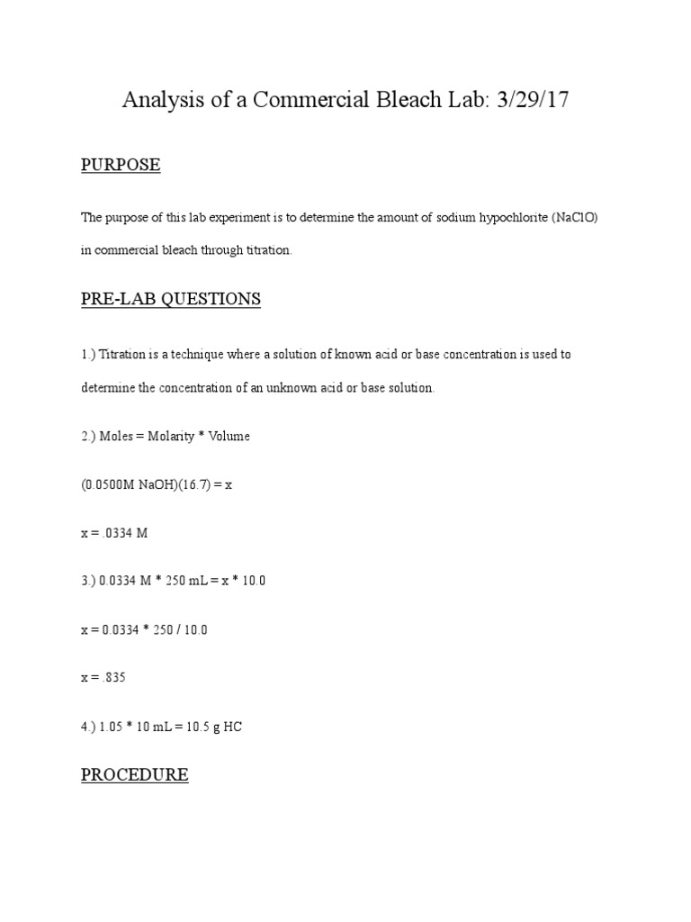 Analysis of A Commercial Bleach Lab | PDF | Molar Concentration | Titration
