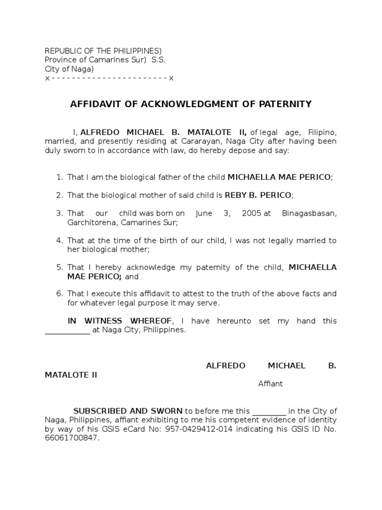 Affidavit of Acknowledgment of Paternity-A. Matalote