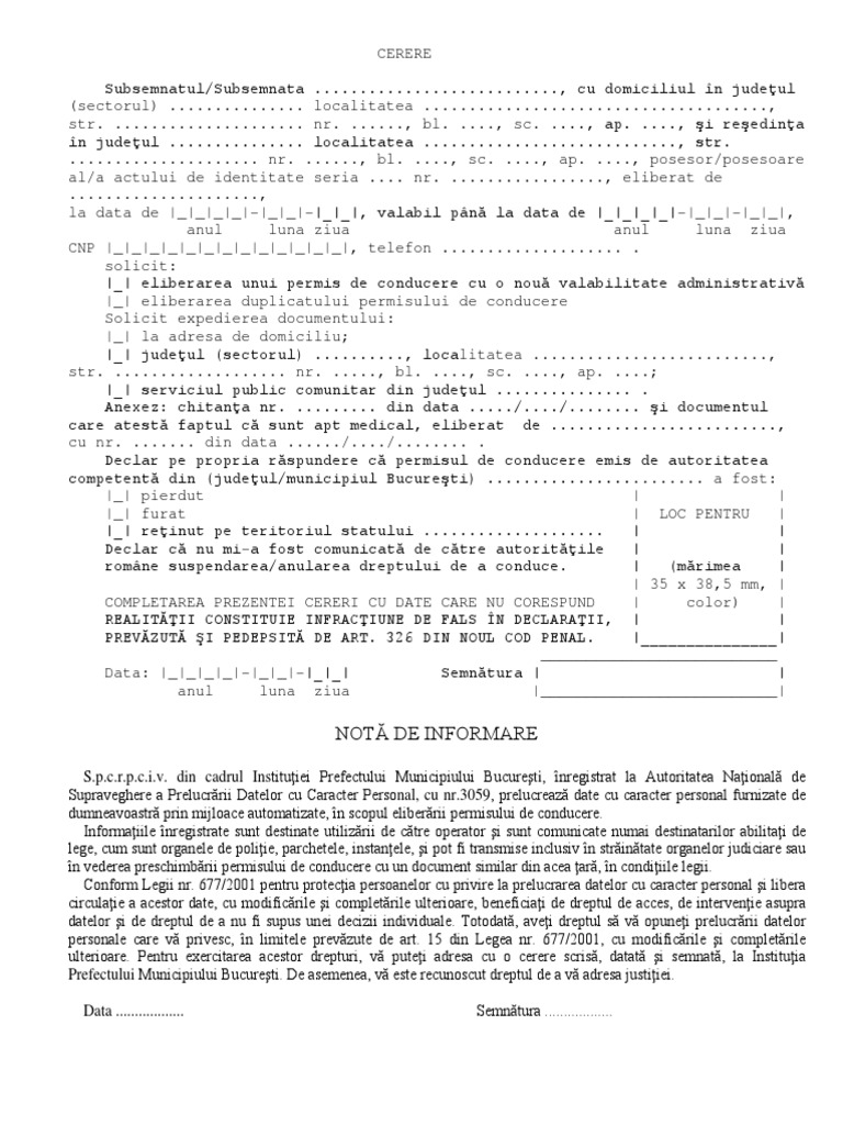 Cerere Eliberare Permis de Conducere Romanesc | PDF
