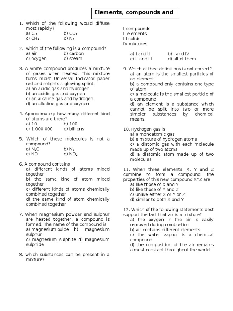 Elements, Compounds, and Mixtures Quiz | PDF | Chemical Compounds ...